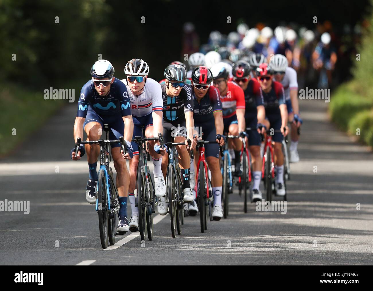 Team Movistar leading the peloton during stage five of the AJ Bell Tour ...