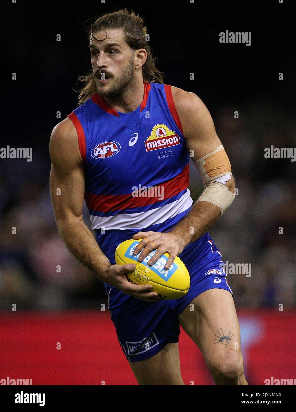 Josh Bruce of the Bulldogs marks during the Round 8 AFL match between ...