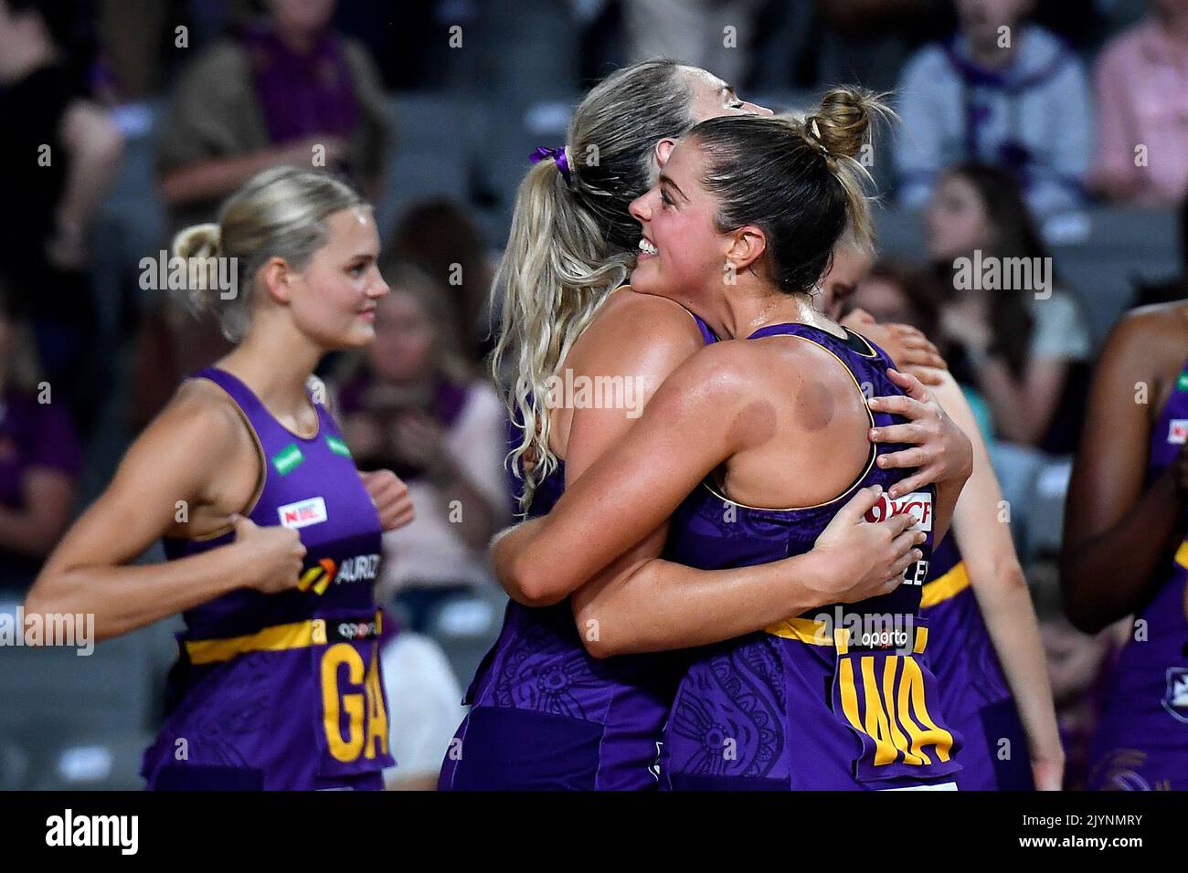 Lara Dunkley of the Firebirds hugs team mate Gretel Bueta after the ...
