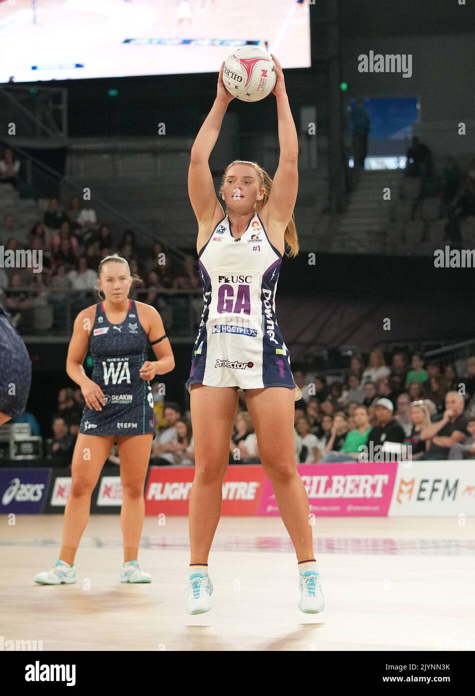 Steph Wood of the Lightning competes for the ball during the Round 2 ...