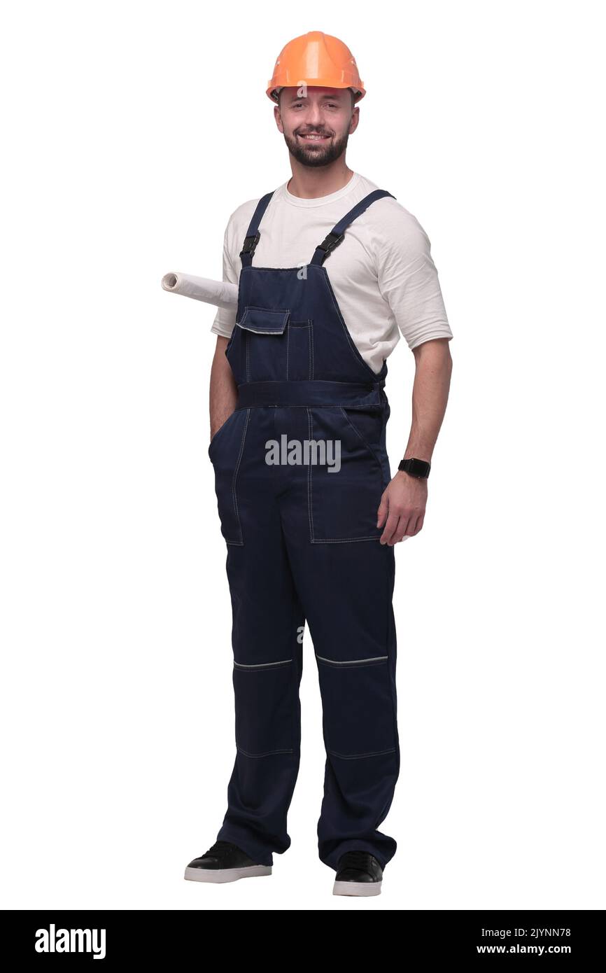 in full growth. competent worker with drawings Stock Photo - Alamy
