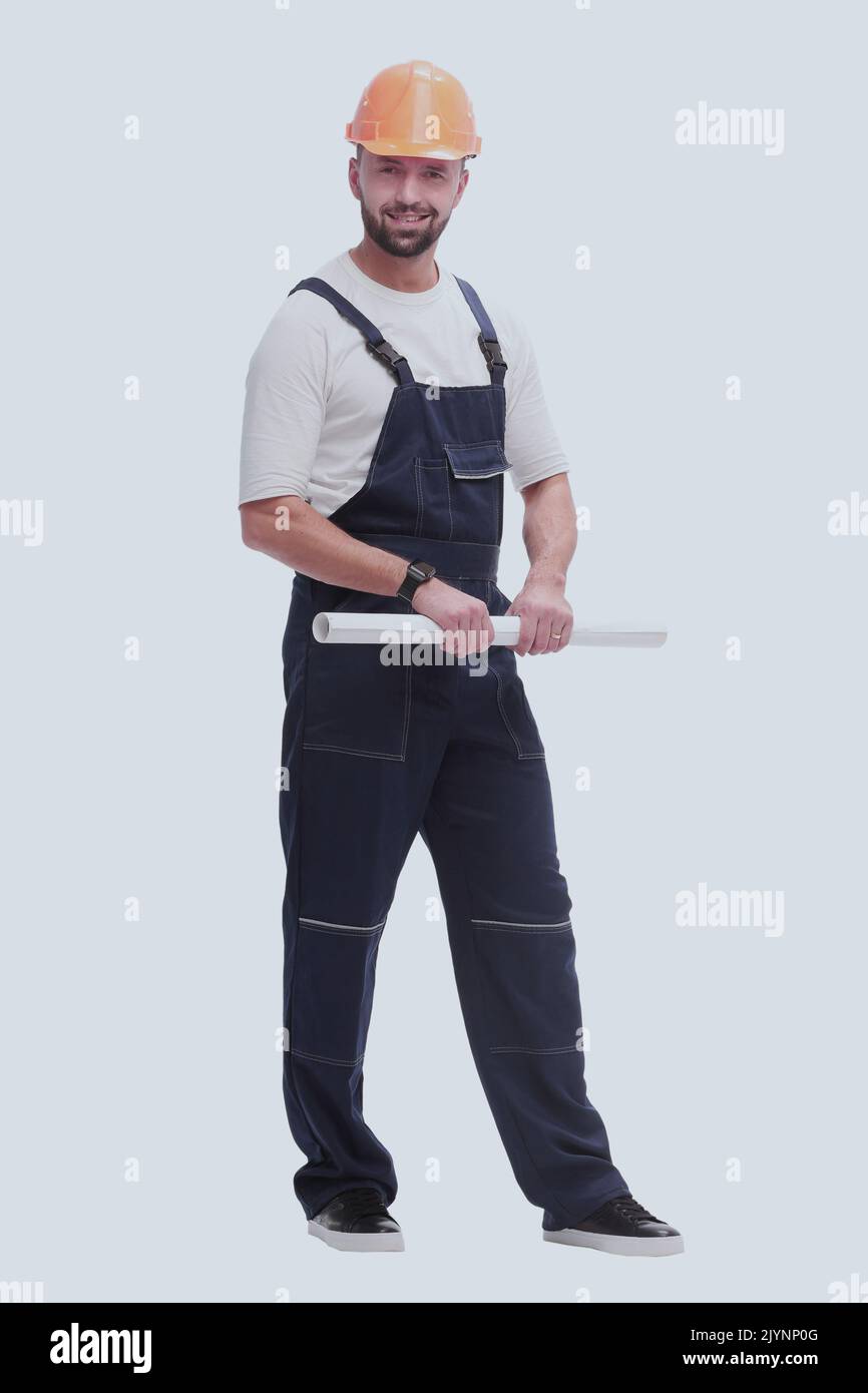 in full growth. professional foreman Builder with drawings Stock Photo ...