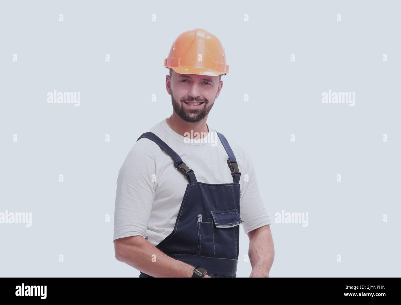 in full growth. professional foreman Builder with drawings Stock Photo ...
