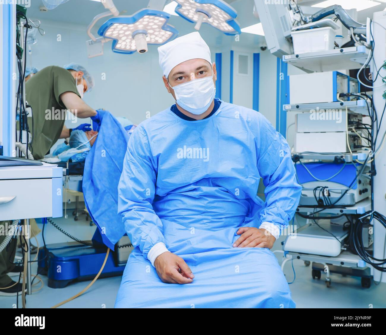 Moscow. Russia. August 10, 2022. A male surgeon sits in an operating ...