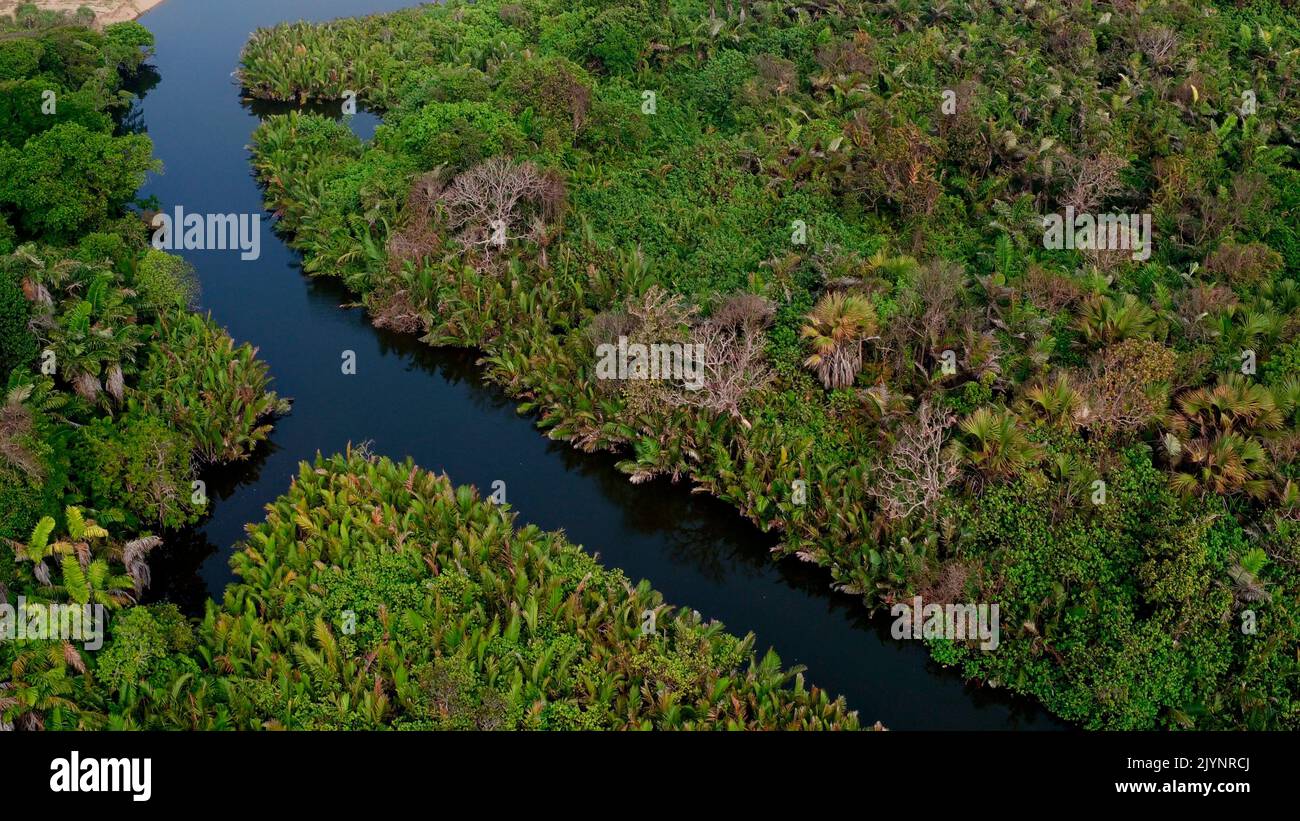 Aerial Cikeusik river, Ujung Kulon National Park, South Coast, West ...