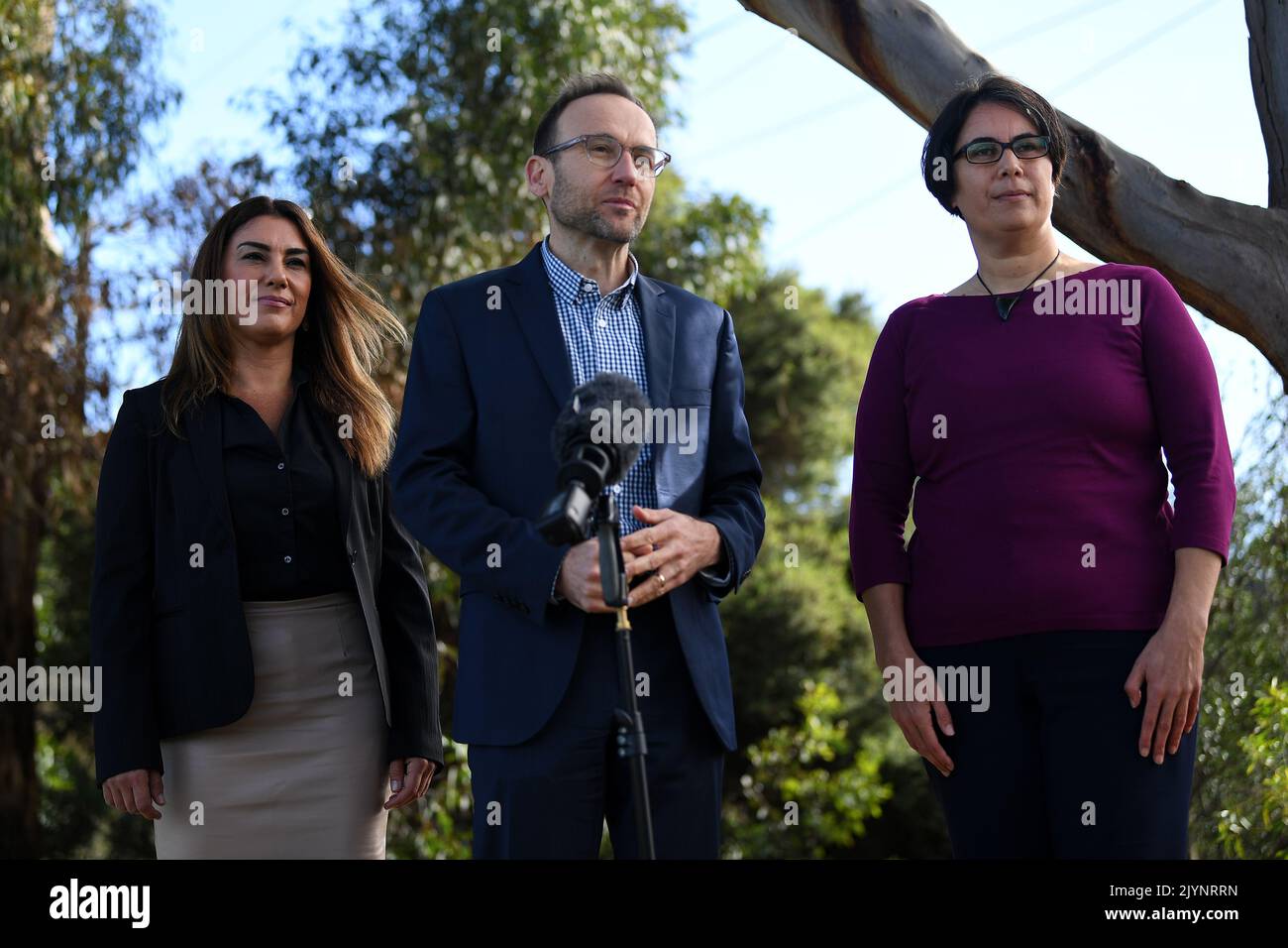 (L-R) Greens Senator Lidia Thorpe, Greens leader Adam Bandt and ...