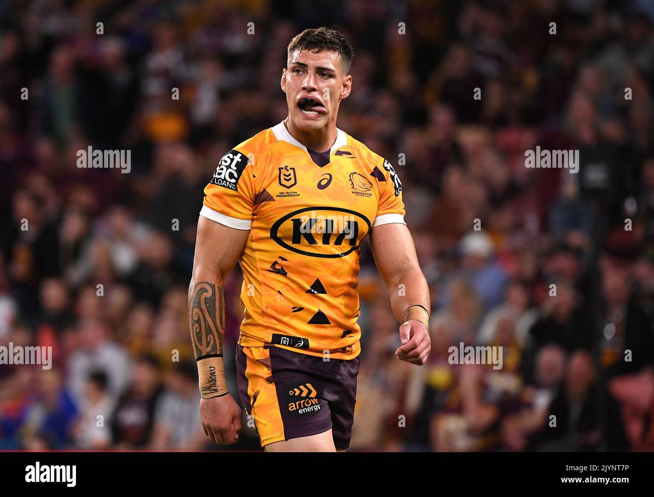 Jordan Riki of the Broncos reacts after being sent off during the Round ...