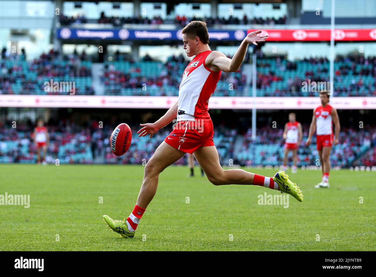 Hayden McLean of the Swans kicks for goal during the Round 9 AFL match ...