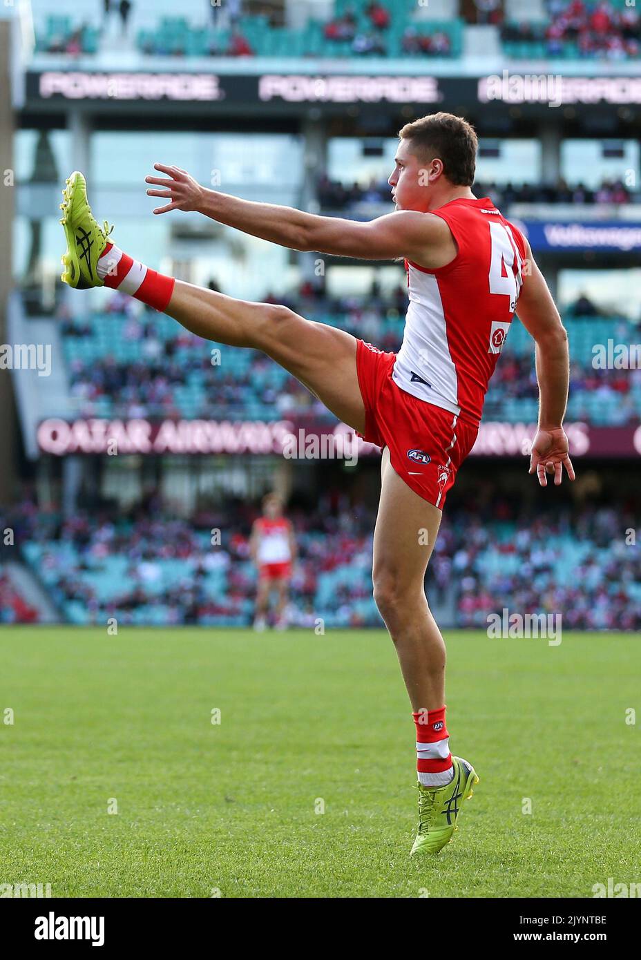 Hayden McLean of the Swans kicks for goal during the Round 9 AFL match ...