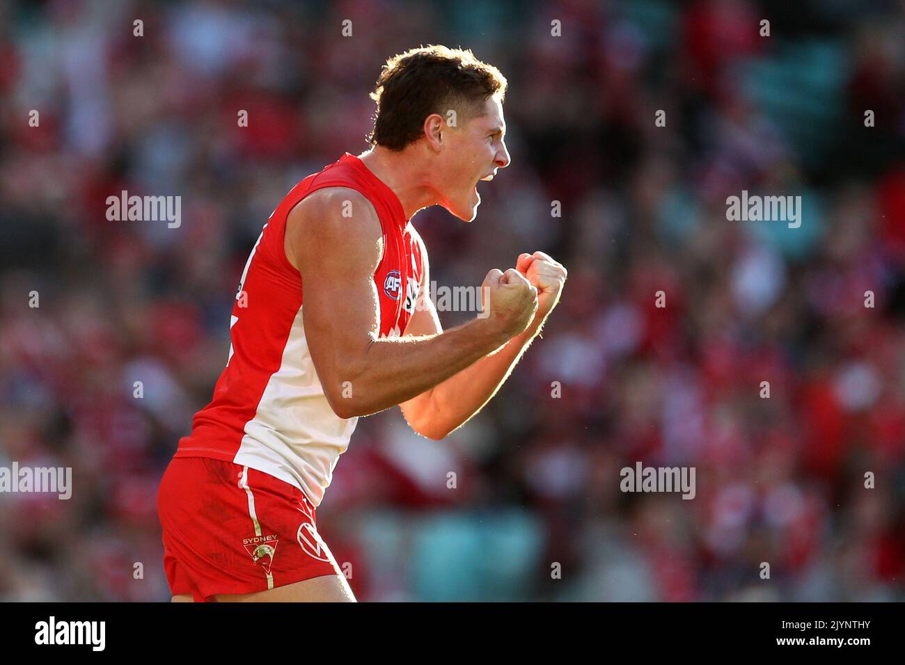 Hayden McLean of the Swans celebrates kicking a goal during the Round 9 ...