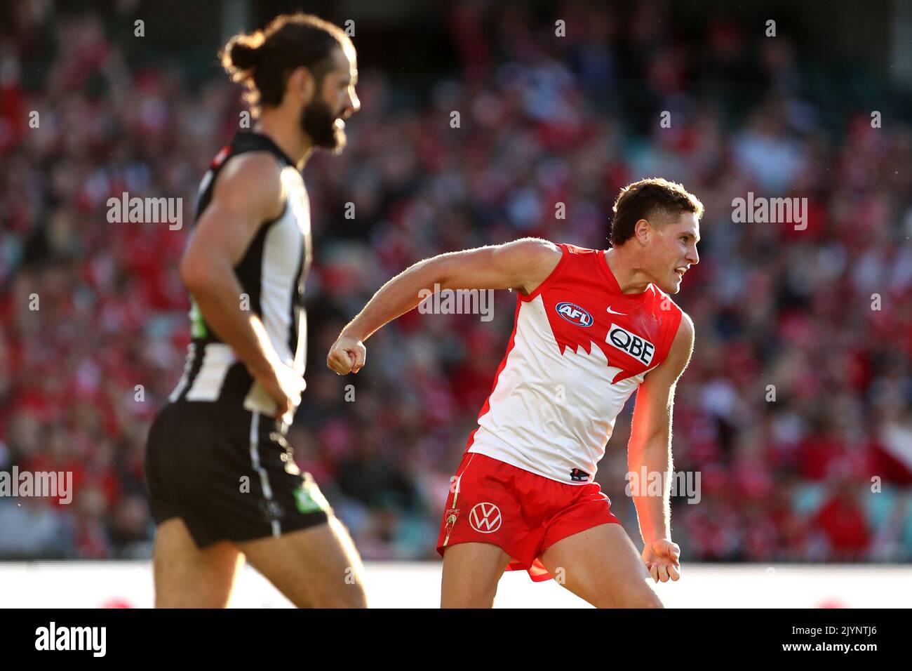 Hayden McLean of the Swans celebrates kicking a goal during the Round 9 ...