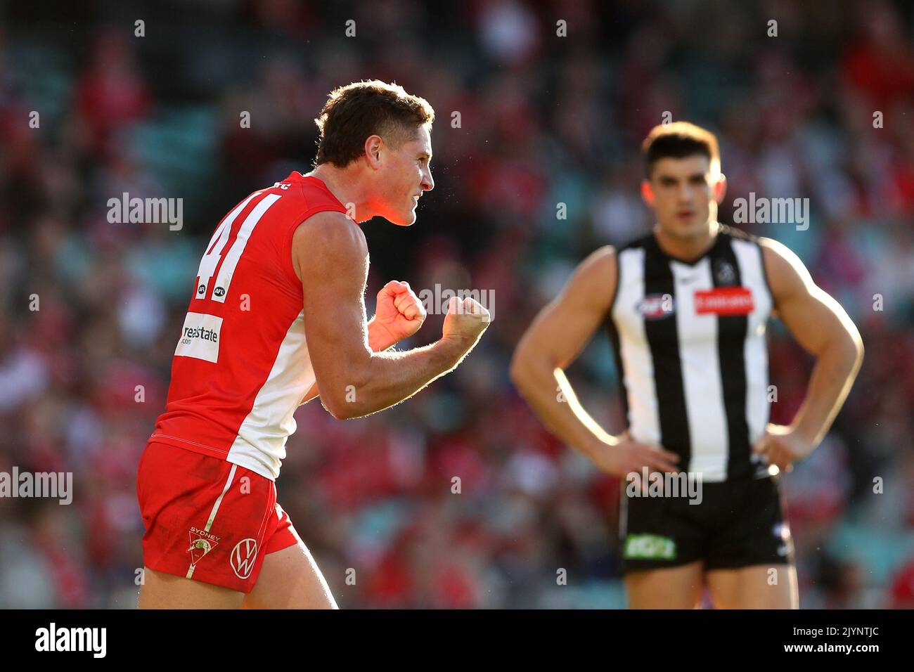 Hayden McLean of the Swans celebrates kicking a goal during the Round 9 ...