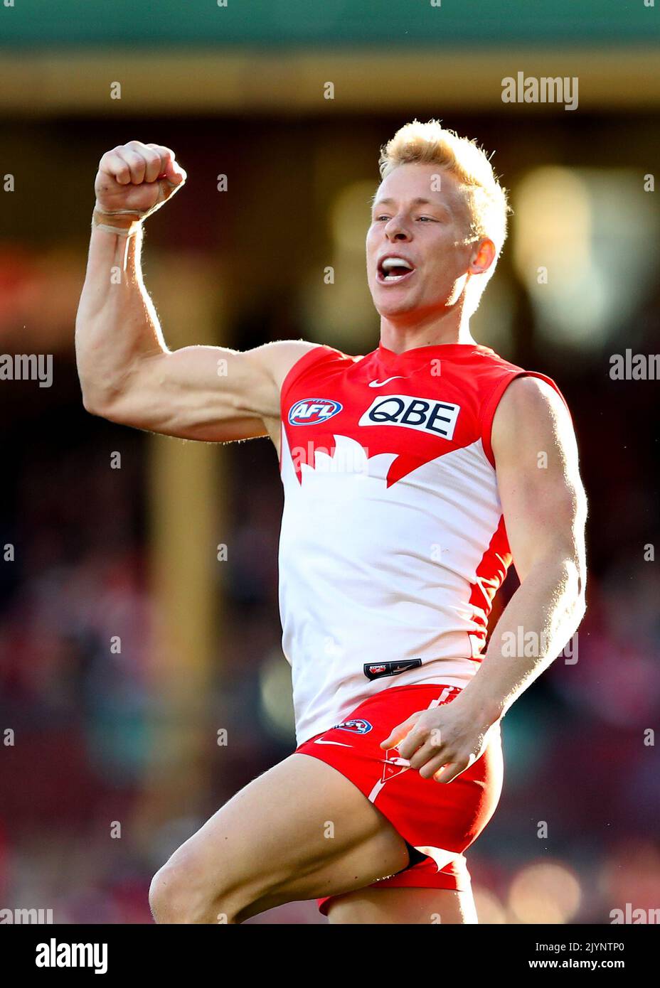 Isaac Heeney of the Swans celebrates kicking a goal during the Round 9 ...
