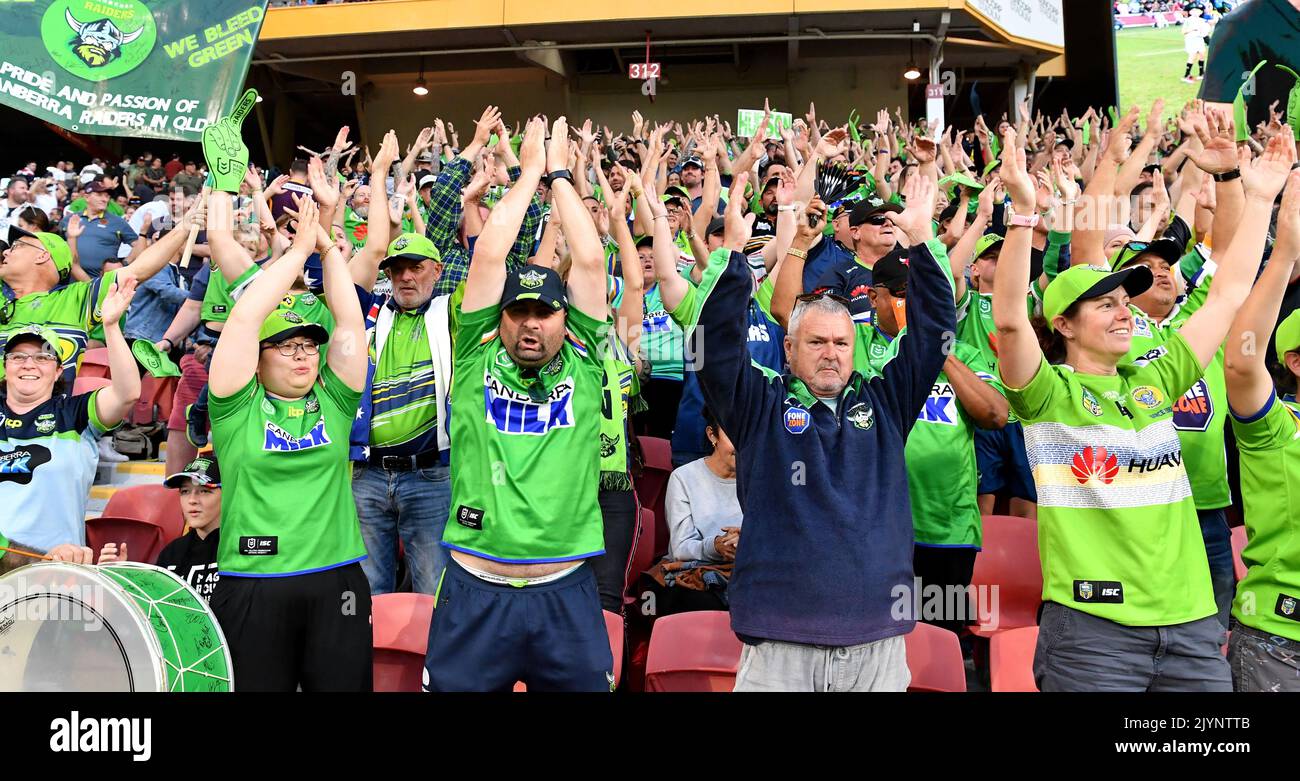 Raiders fans celebrate winning the Round 10 NRL match between the ...