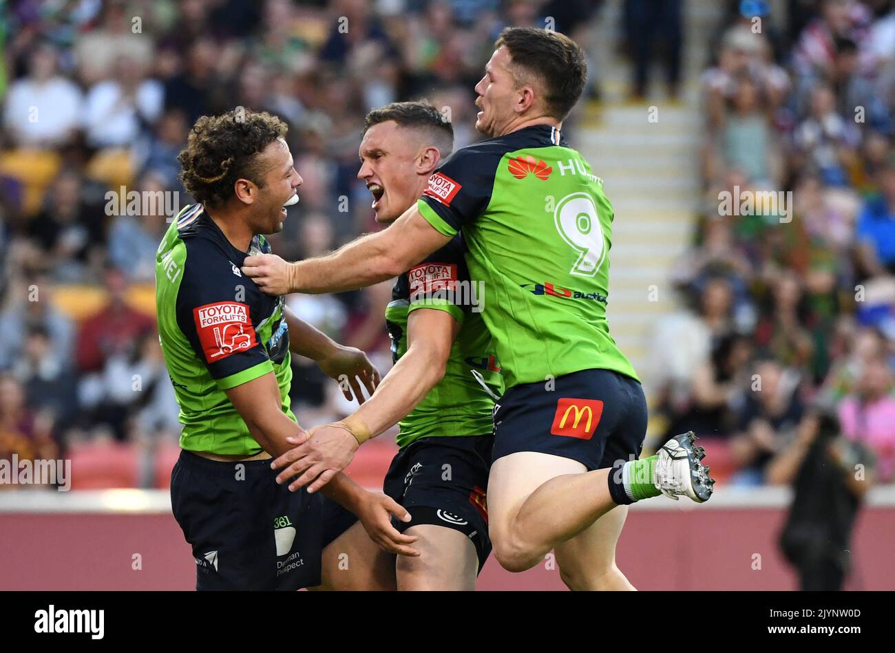 Sebastian Kris (left) of the Raiders celebrates scoring a try with Jack ...