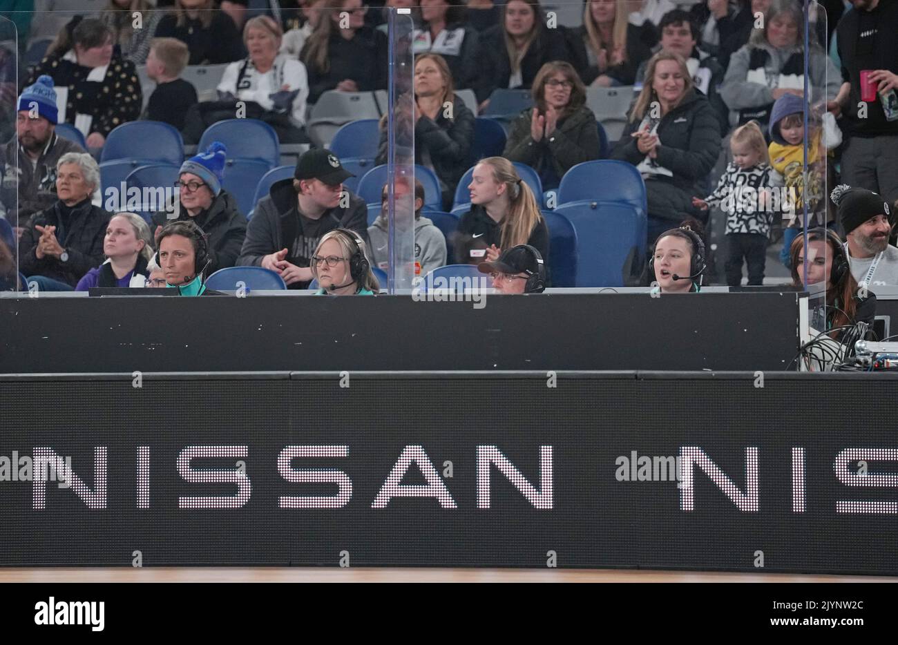Bench officials and volunteers look on during the Round 3 Super Netball ...