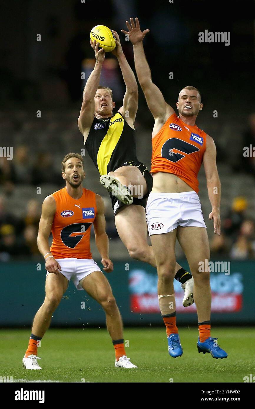 Jack Riewoldt of the Tigers takes a mark during the Round 9 AFL match ...