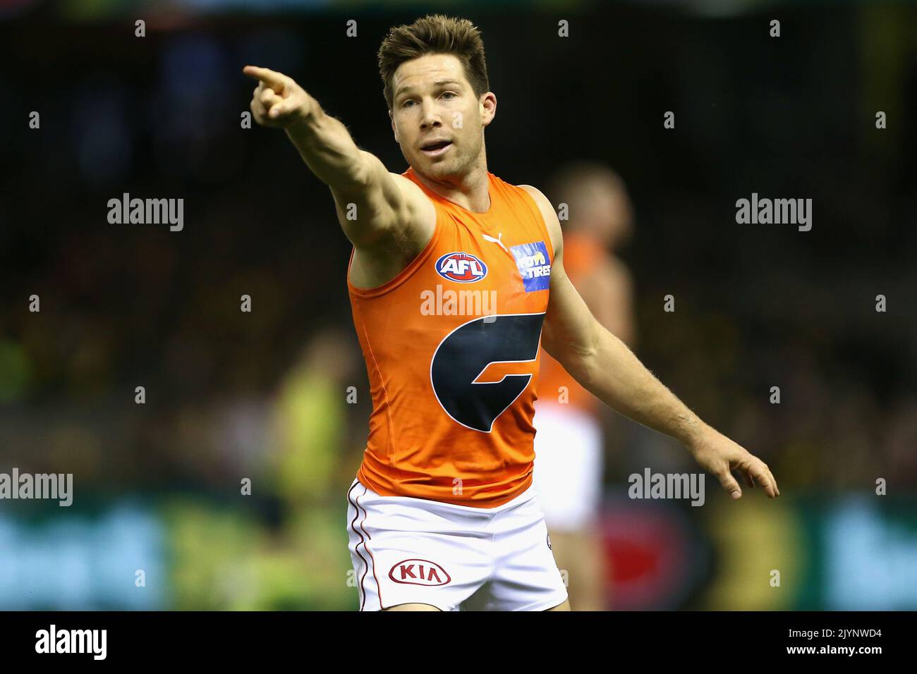 Toby Greene of the Giants celebrates a goal during the Round 9 AFL ...