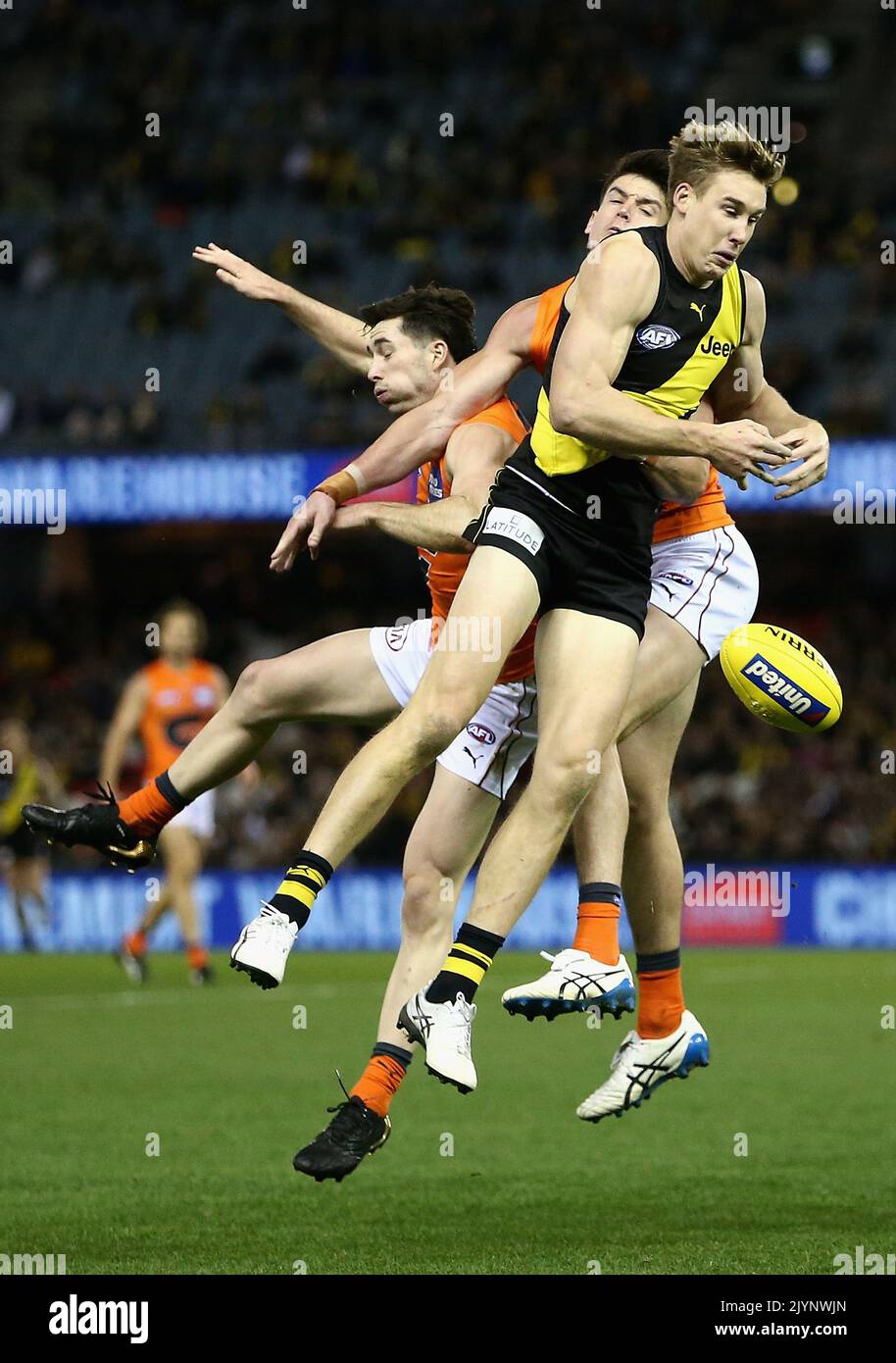Tom J. Lynch of the Tigers attempts a mark during the Round 9 AFL match ...
