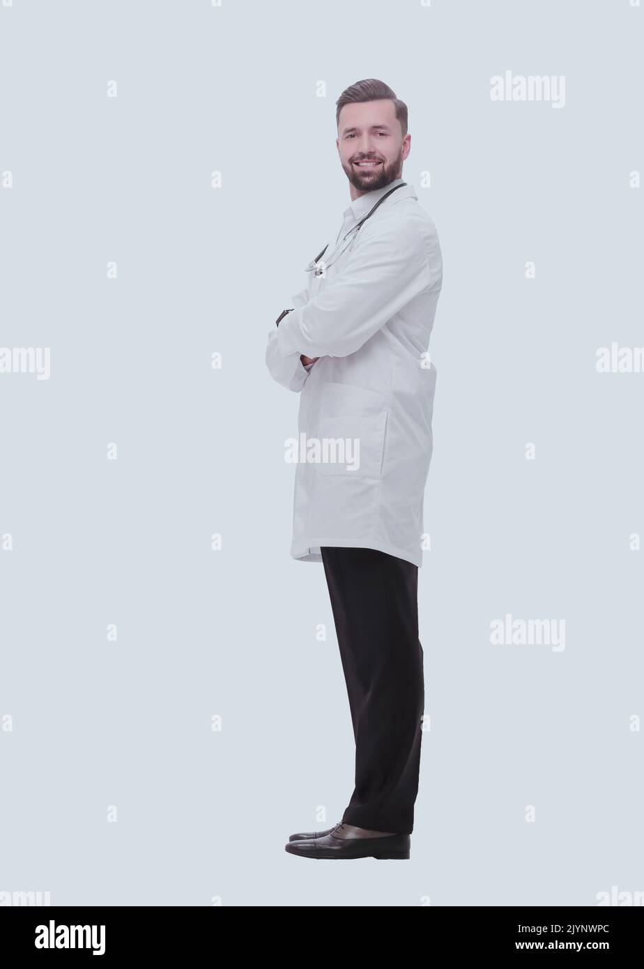 side view. smiling medical doctor looking at copy space Stock Photo - Alamy