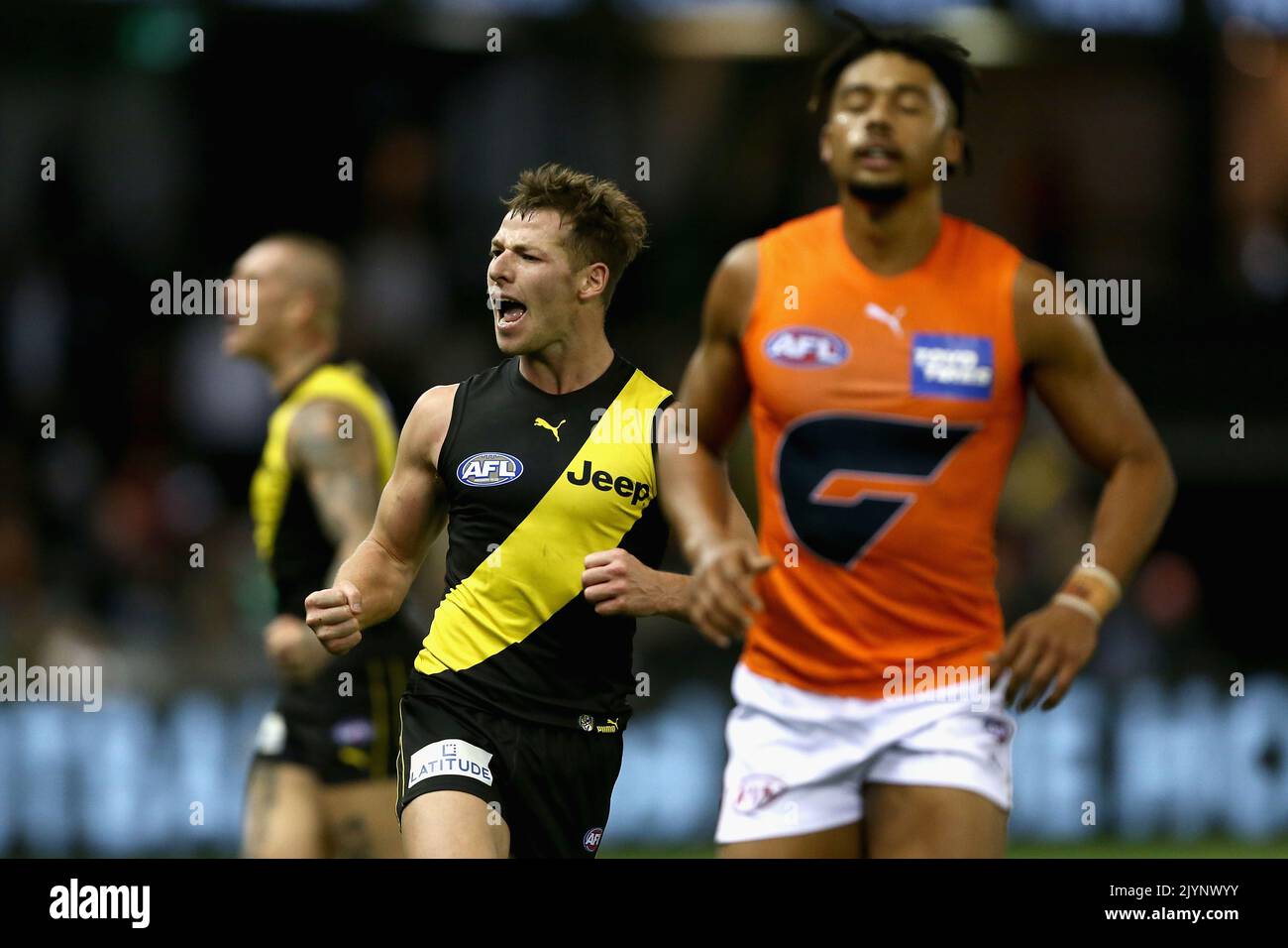 Jake Aarts of the Tigers celebrates a win during the Round 9 AFL match ...