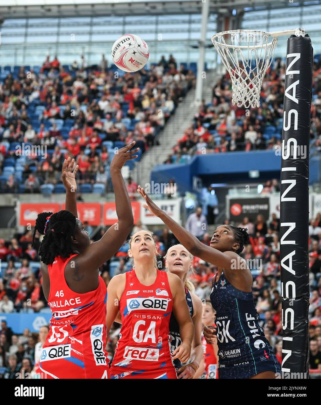 Sam Wallace of the Swifts shoots during the Round 3 Super Netball match ...