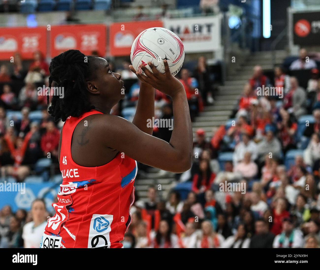 Sam Wallace of the Swifts shoots during the Round 3 Super Netball match ...
