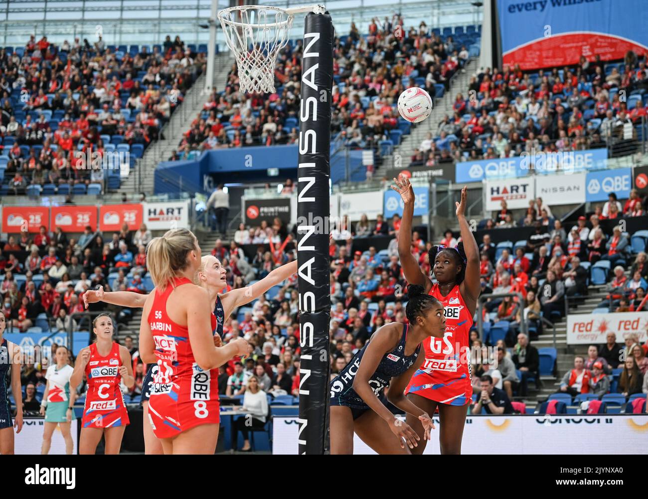 Sam Wallace of the Swifts shoots during the Round 3 Super Netball match ...