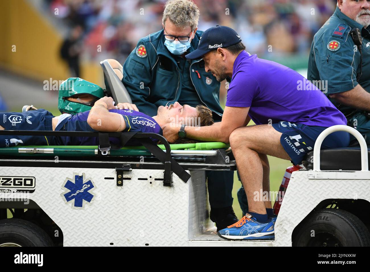 Storm Ryan Papenhuyzen is taken off to during the Round 10 NRL match ...