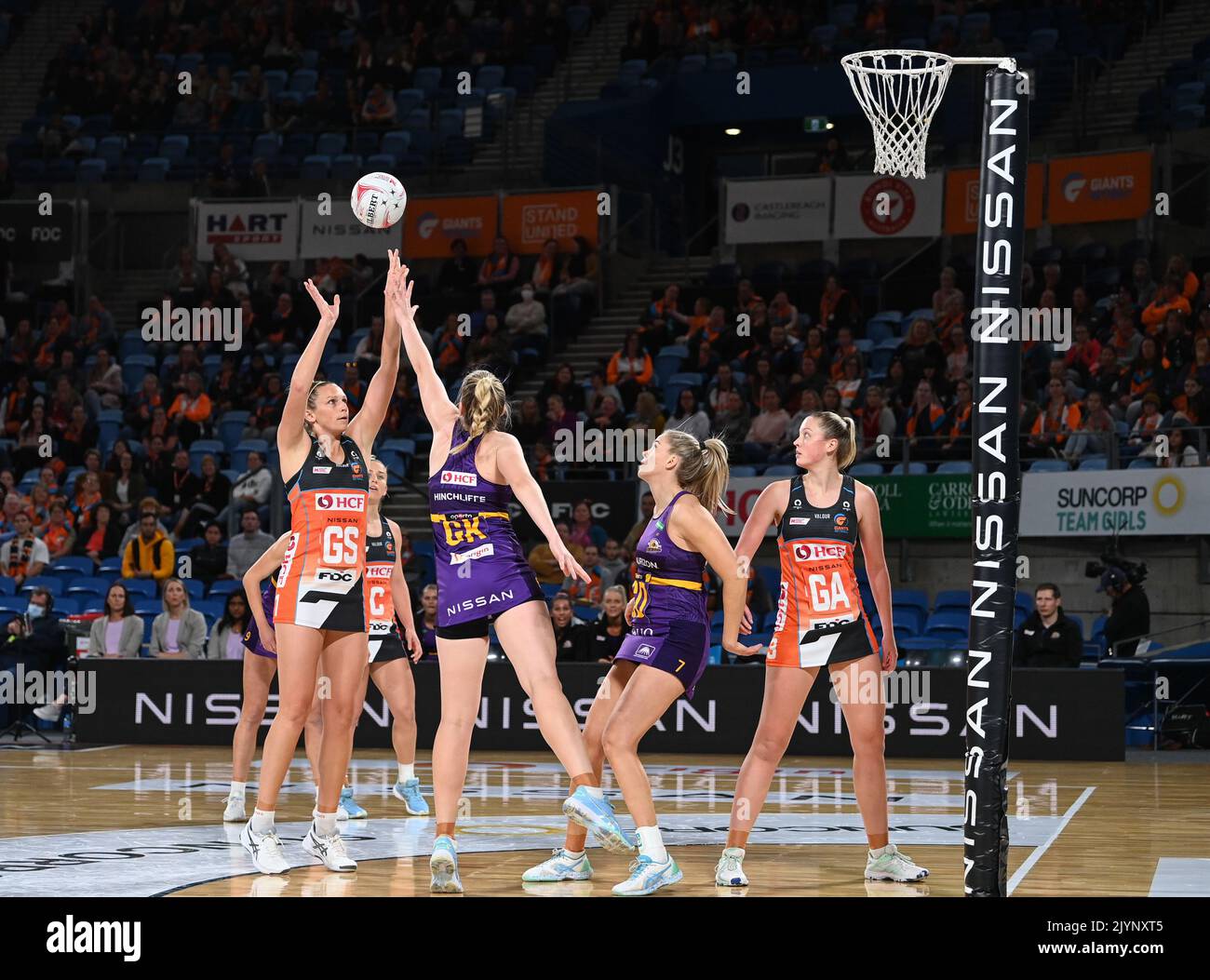 Jo Harten of the Giants shoots during the Round 3 Super Netball match ...