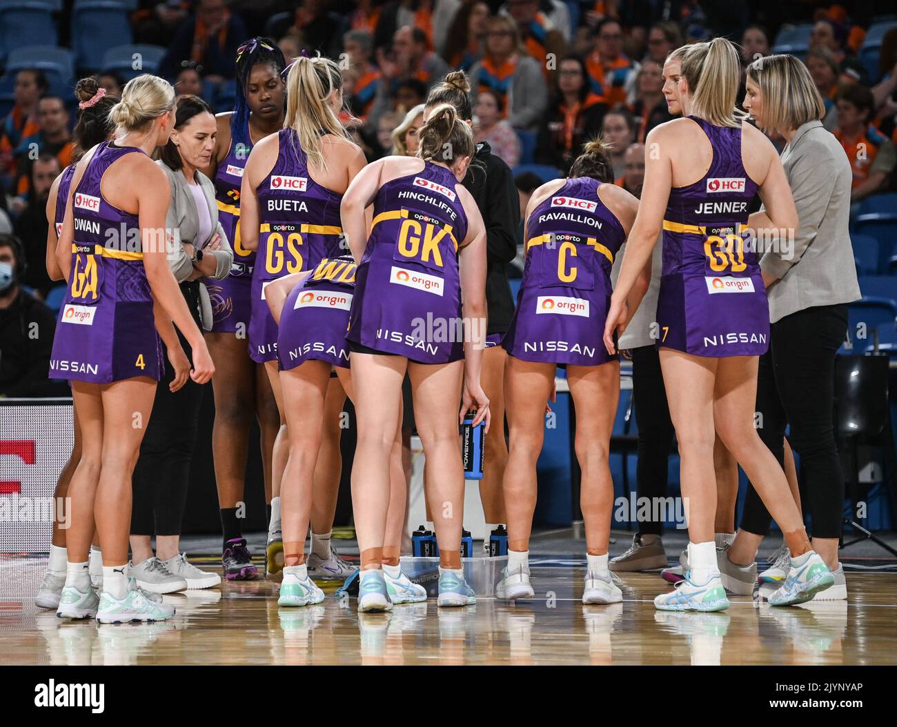 The Firebirds during the Round 3 Super Netball match between the GWS ...
