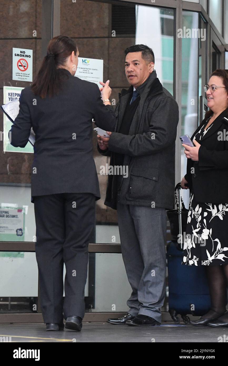 Simiona Tuteru (centre) arrives at the Melbourne Magistrates Court in ...