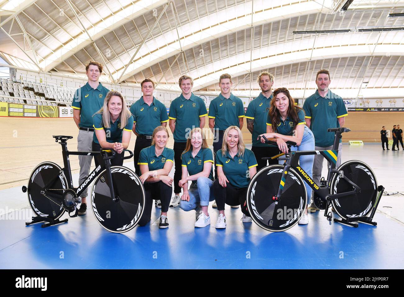 Mens and Womens track cycling teams pose for a team photo (L-R) Kelland ...