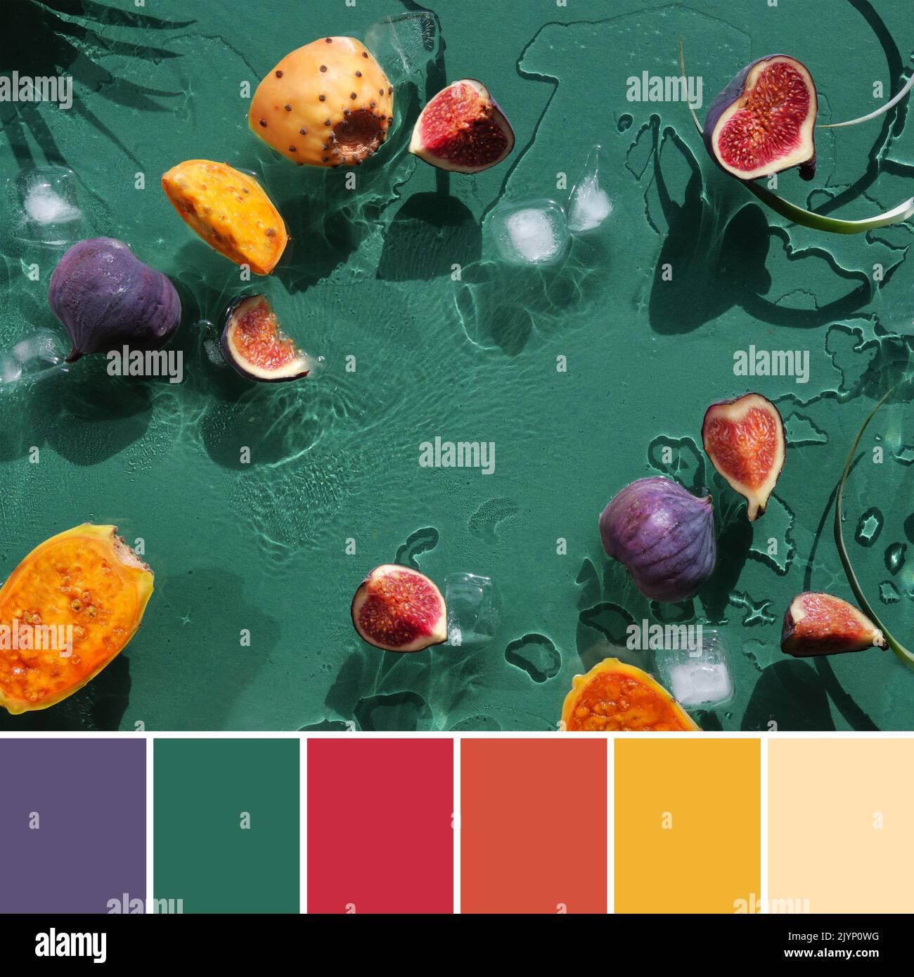 Color matching palette from image of exotic fruits in splashing water ...