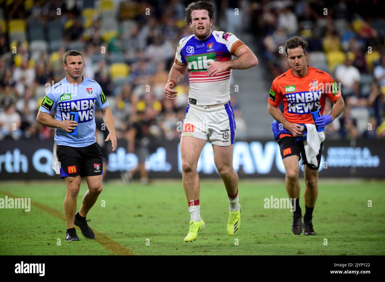 Knights Lachlan Fitzgibbon comes from the field during the Round 11 NRL ...