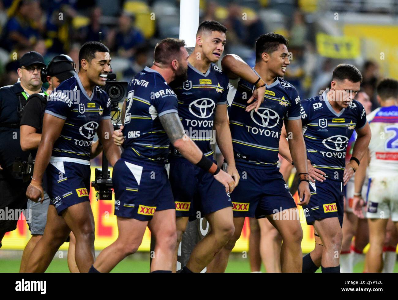 Cowboys celebrating the Heilum Luki try during the Round 11 NRL match ...