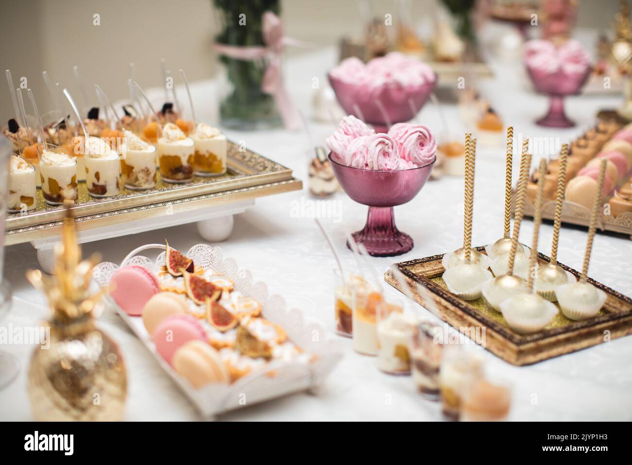 beautifully decorated table with sweet candy bar Stock Photo - Alamy