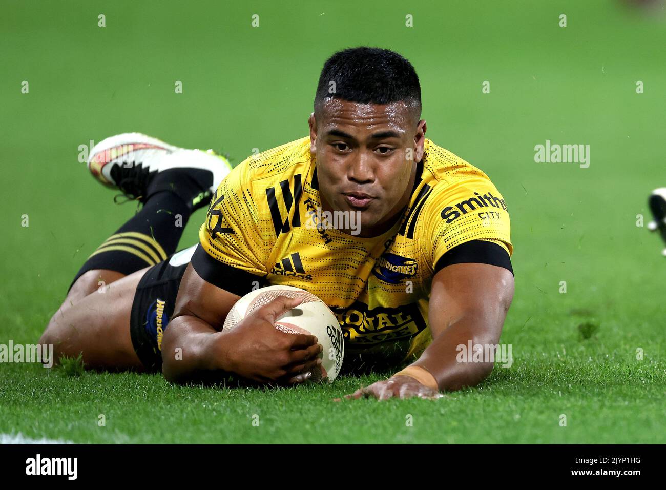 Julian Savea of the Hurricanes scores a try during the Round 2 Trans ...