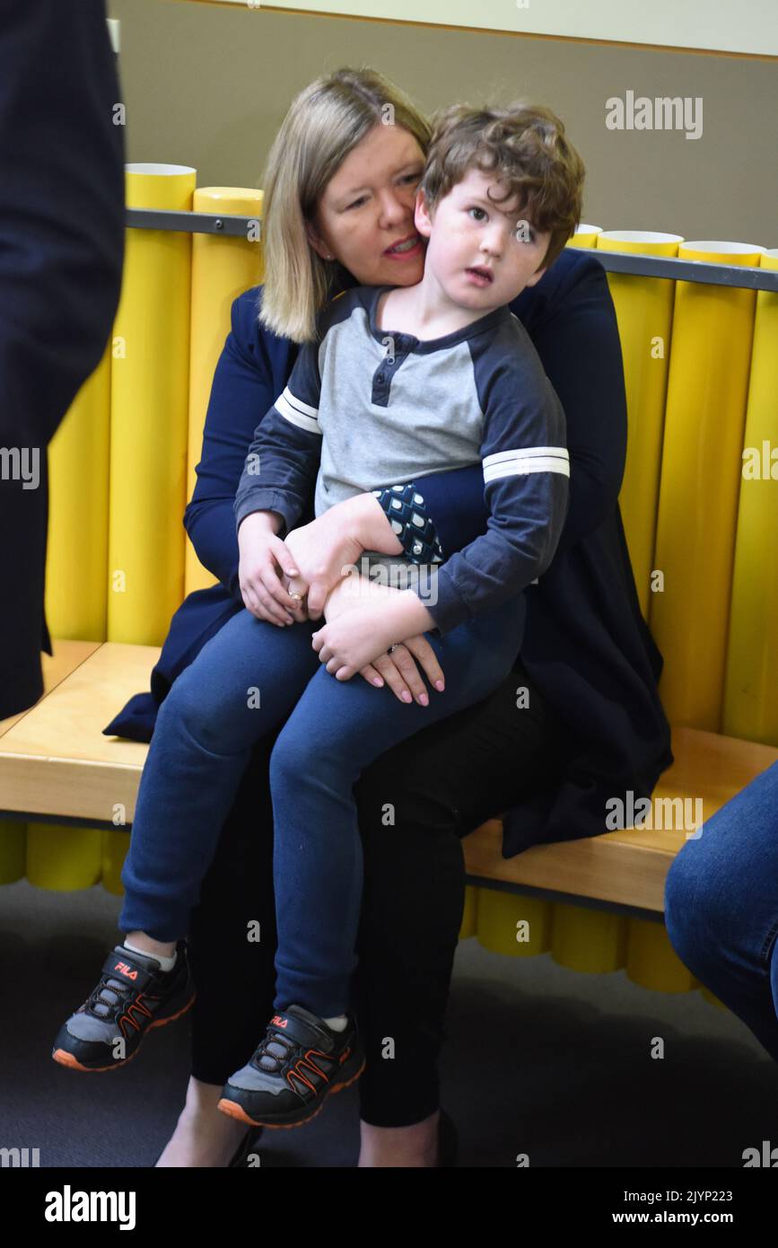 Liberal member for Bass Bridget Archer and her son James, 6, during a ...
