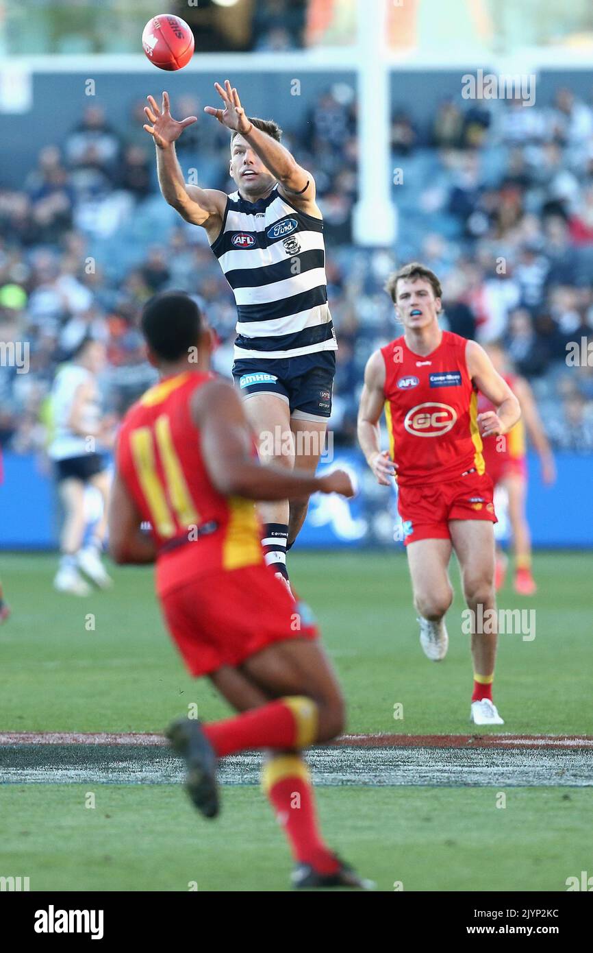 Shaun Higgins of the Cats takes a mark during the Round 10 AFL match ...