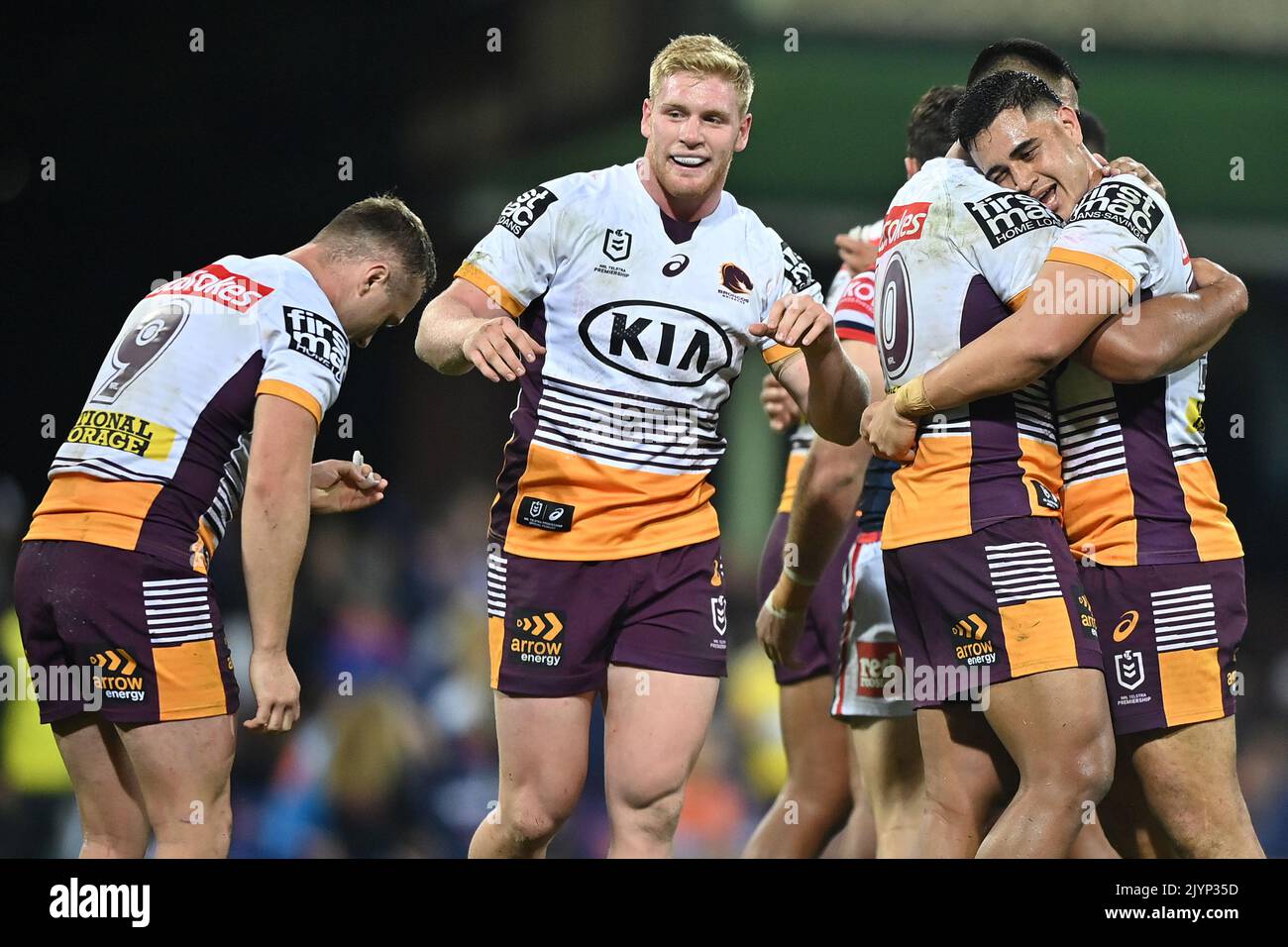 Broncos layers celebrate during the Round 11 NRL match between the ...