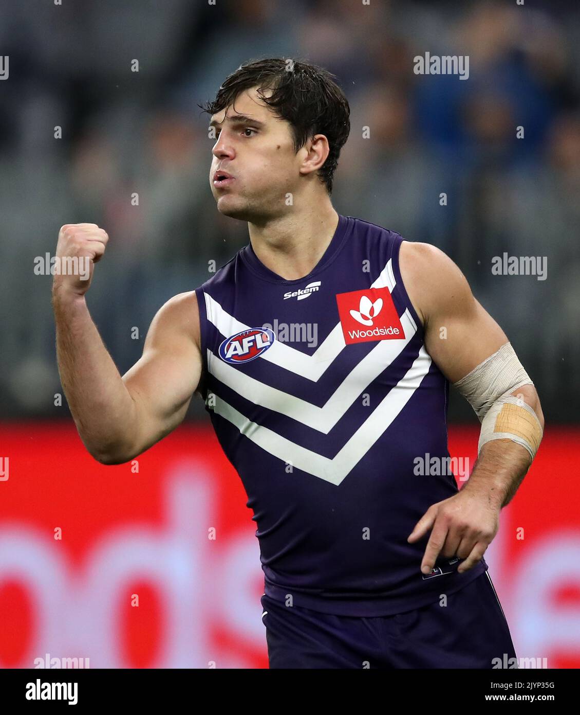 Lachie Schultz of the Dockers celebrates kicking a goal during the ...