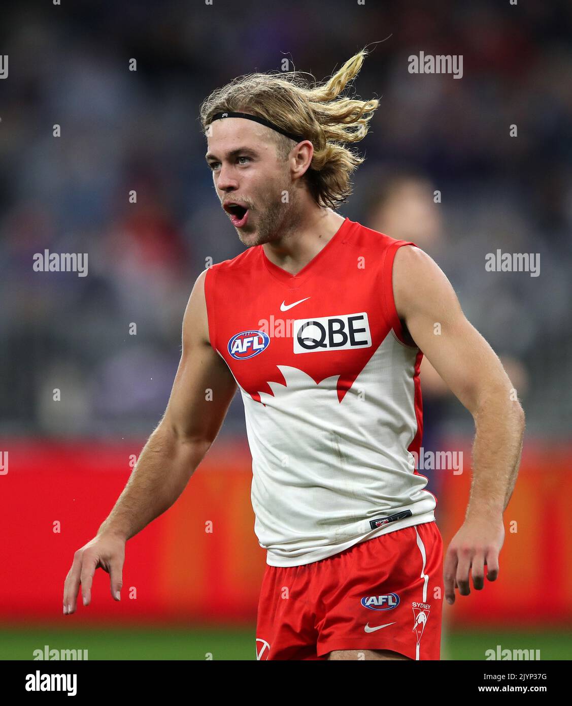 James Rowbottom of the Swans celebrates kicking a goal during the Round ...