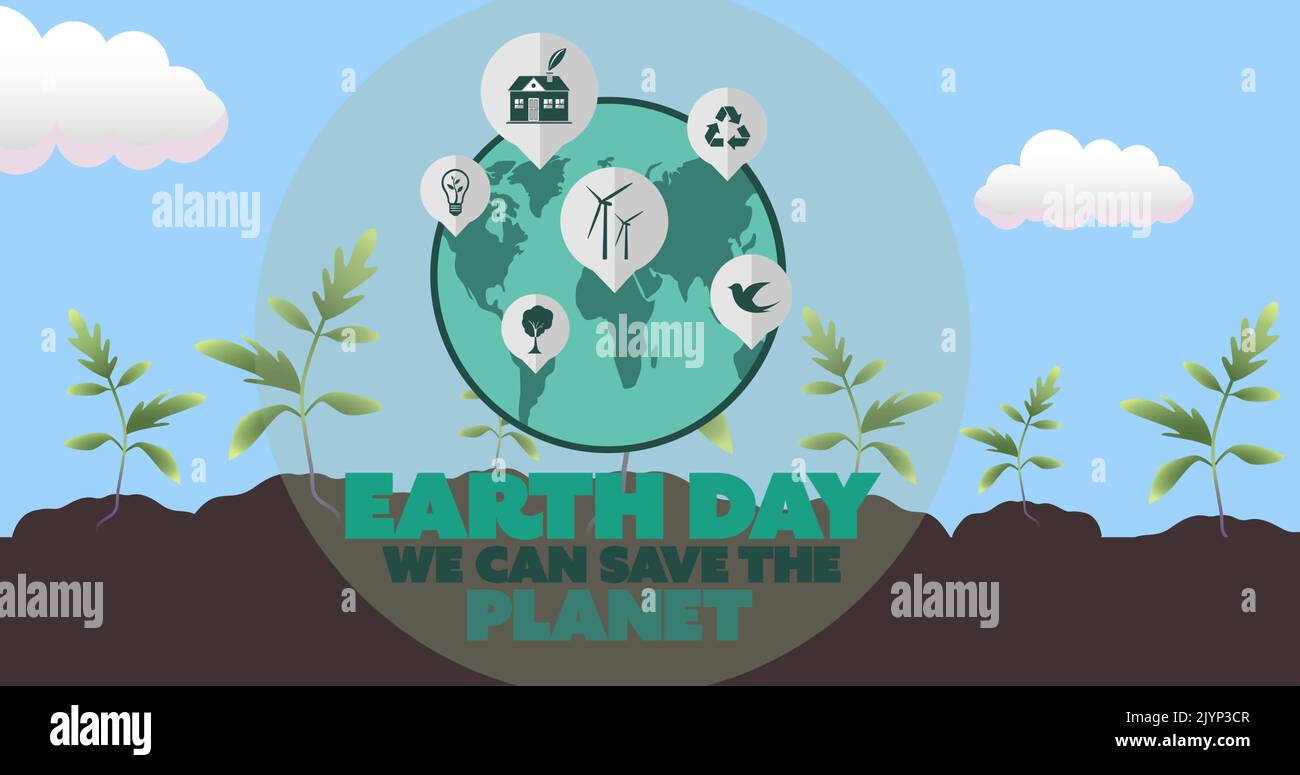 Image of earth day text and green globe logo over plants and blue sky ...