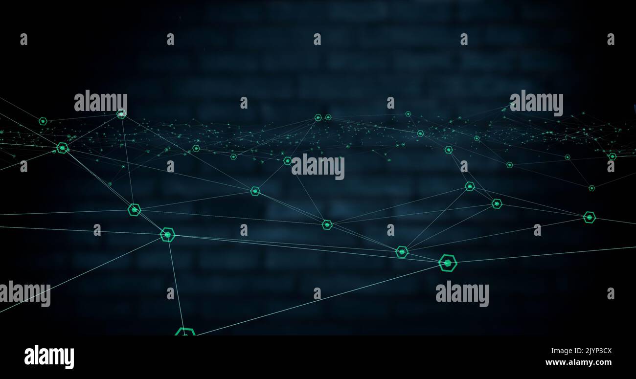 Image of network of connections data processing over brick wall Stock ...