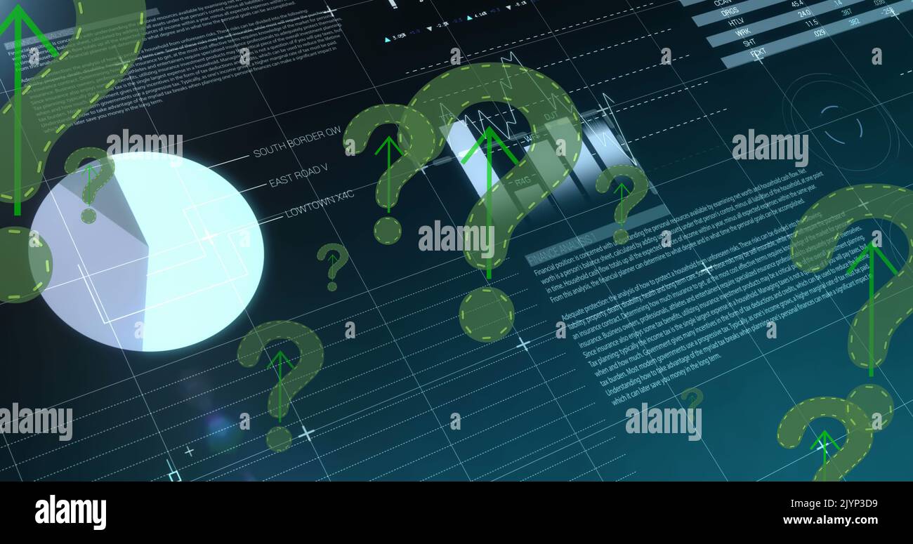 Image of green question marks flying over statistics recording on blue ...