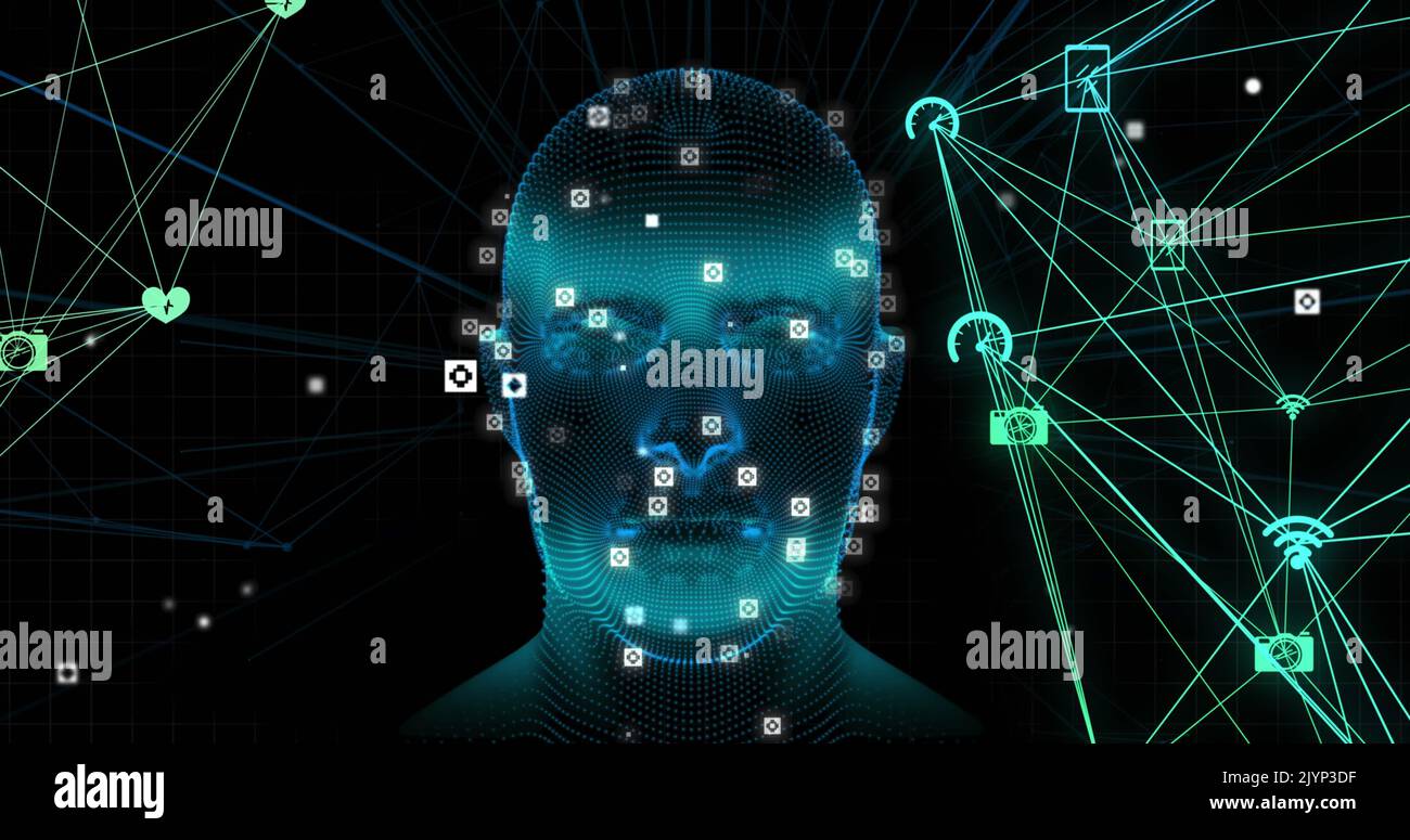 Image of human head spinning with digital interface connections ...