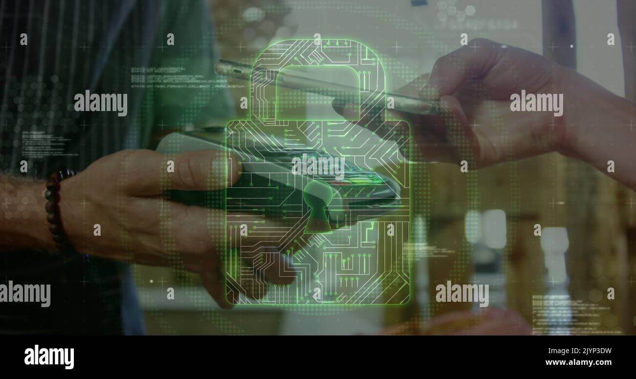 Image of network security padlock over people using payment terminal ...