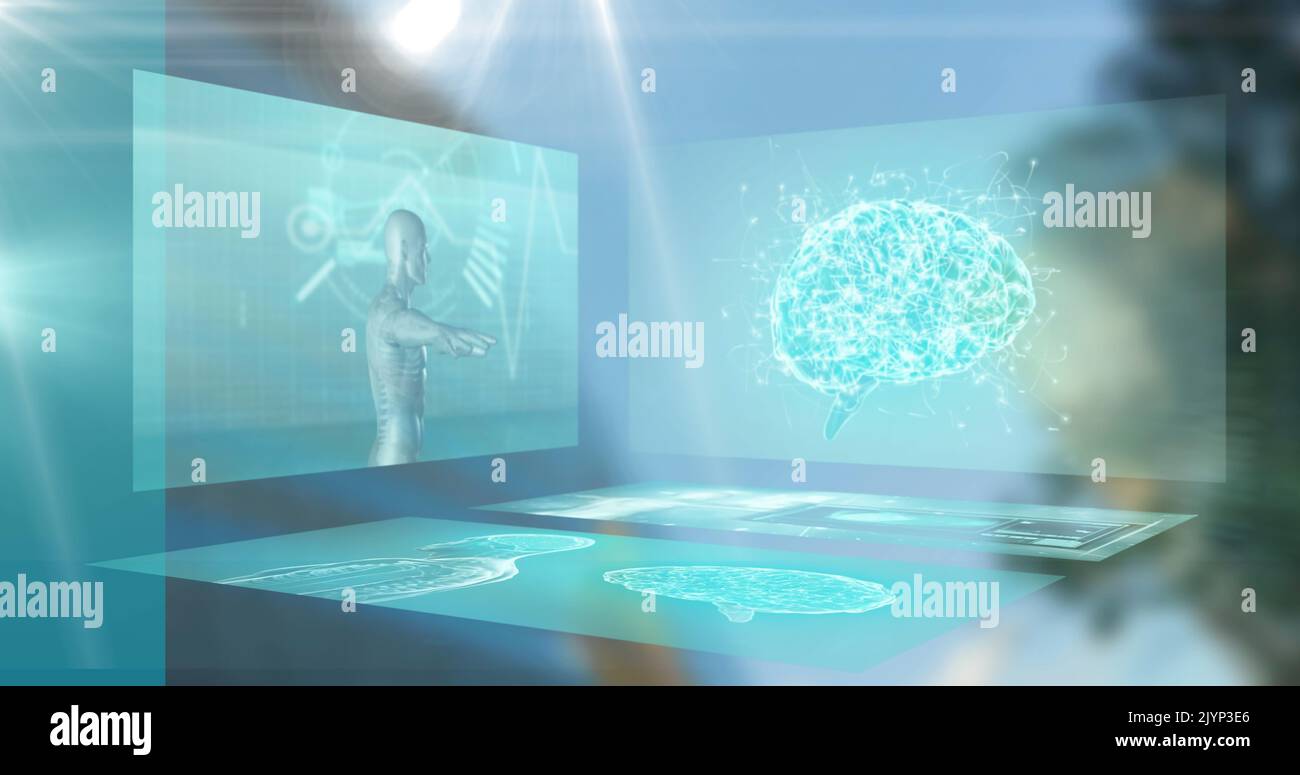 Image of human brain and body with medical data processing on screens ...
