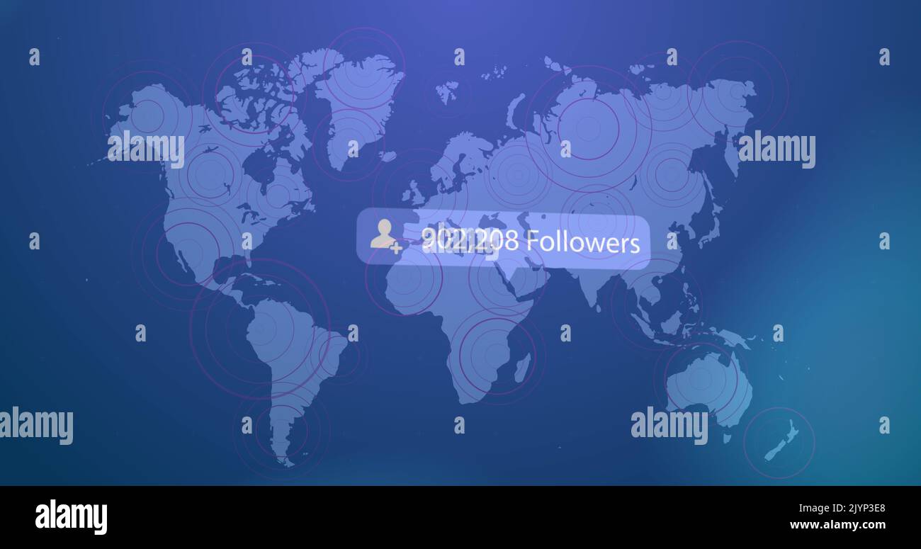 Profile icon with increasing followers against pulsating circles over world map on blue ...